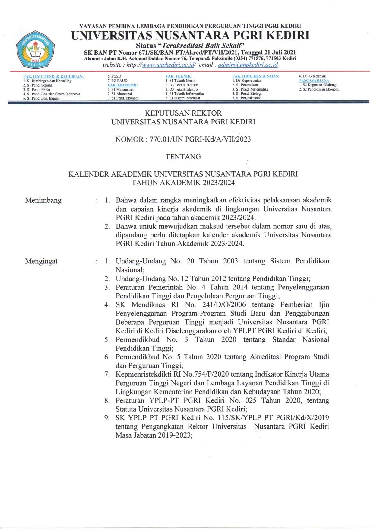 KALENDER AKADEMIK TAHUN AKADEMIK 2023-2024 - Prodi Sistem Informasi