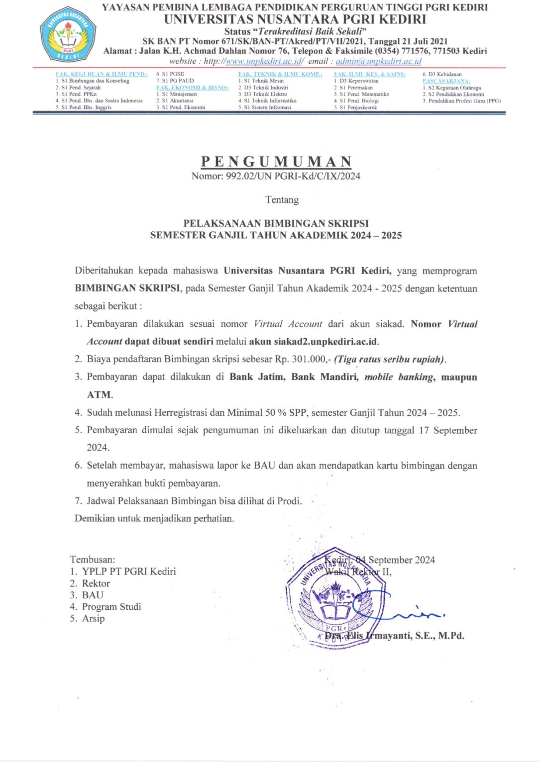 PENGUMUMAN PEMBAYARAN BIMBINGAN SKRIPSI SEMESTER GANJIL 2024-2025 - Prodi Sistem Informasi