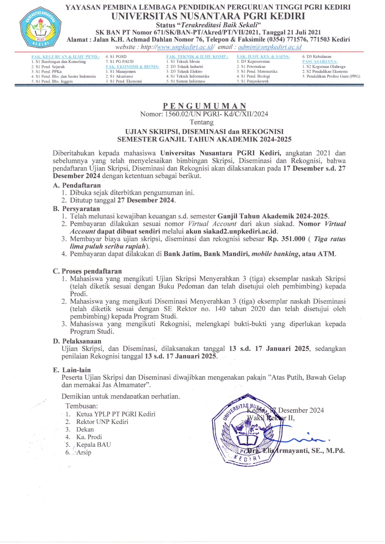 PENGUMUMAN PEMBAYARAN UJIAN SKRIPSI, DISEMINASI dan REKOGNISI SEMESTER GANJIL TAHUN AKADEMIK ...